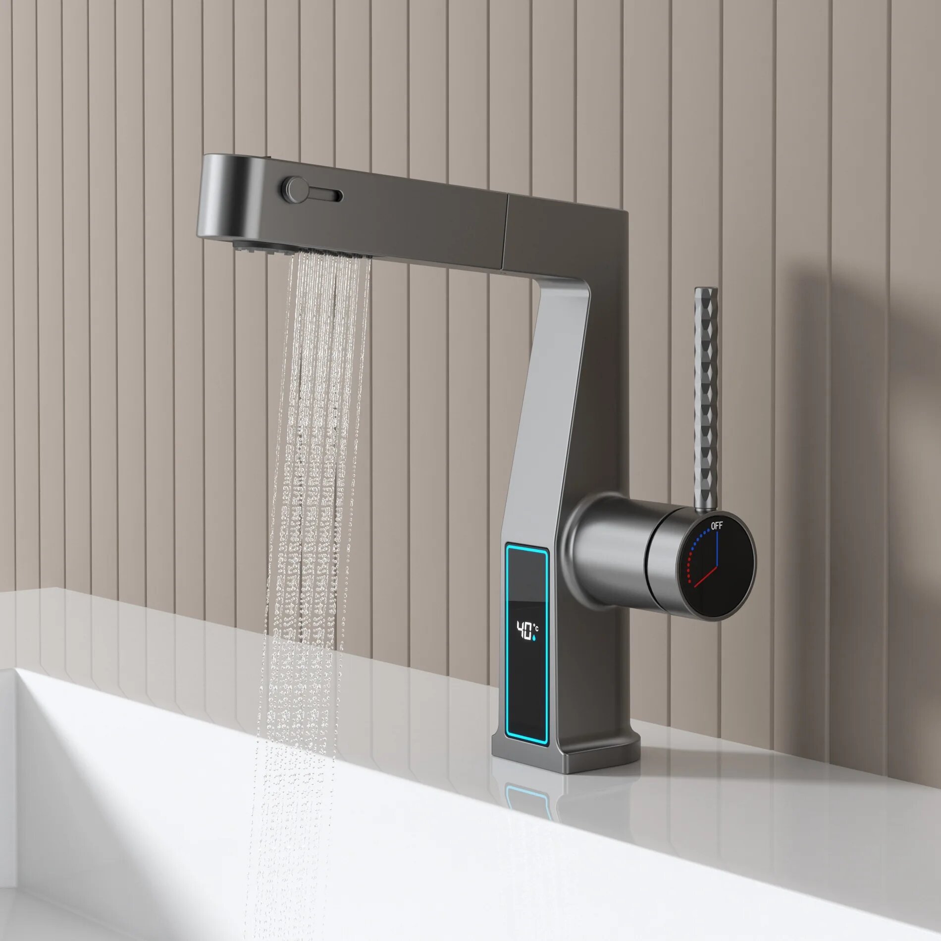 Браushed Gold Bathroom Faucet with Digital Display Pull-Out 3-Function Sprayer, Single Handle Mixer Tap for Vessel Sink-grey