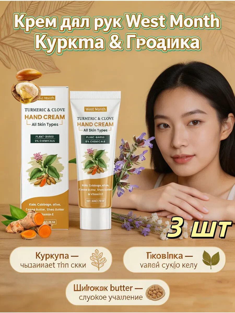 Крем для рук с маслом куркумы и гвоздики: увлажняет и питает кожу рук, восполняет потерю влаги при сухости，3 шт