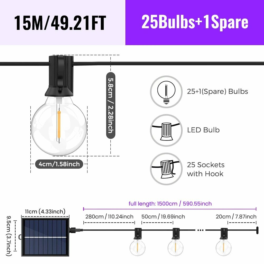 Солнечная гирлянда LED G40, 15.5м, 26 ламп