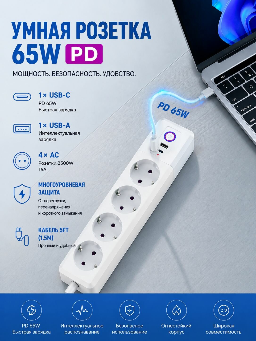 Удлинитель с PD 65W GaN USB-C, 4 EU розетки + USB-A, быстрая зарядка ноутбука, сетевой фильтр 3500W 16A