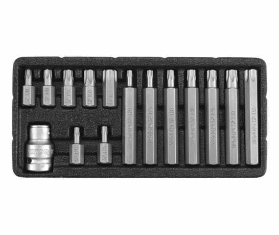 Биты YATO Т20-Т55 TORX SECURITY + переходник 1/2", 15 шт, AISI S2, YT-0417