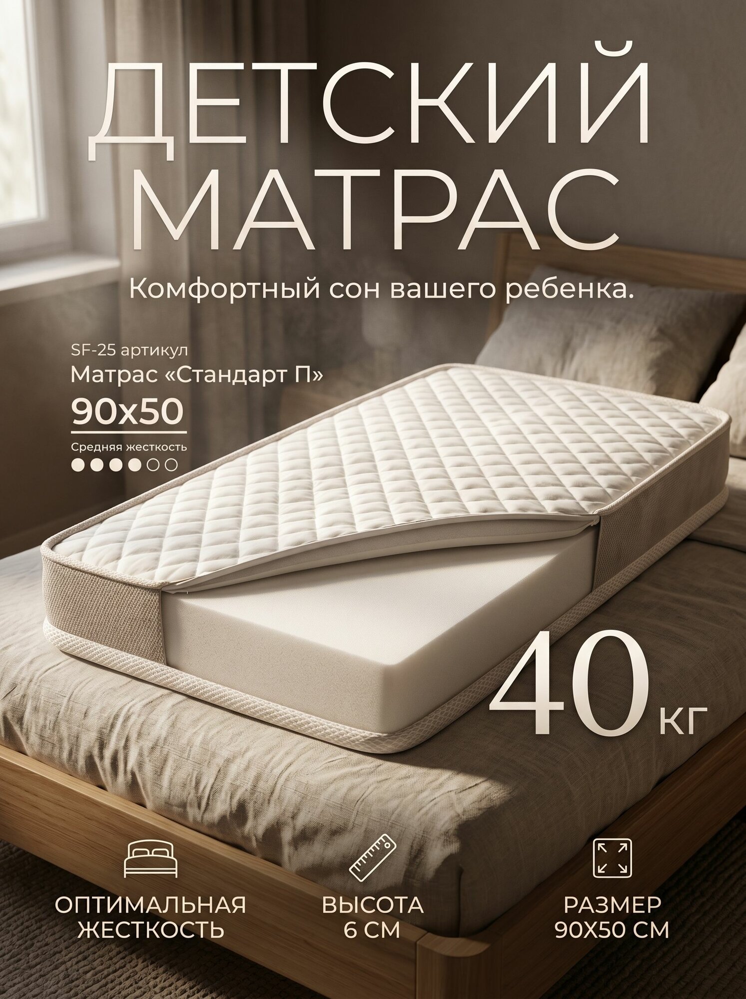 Детский матрас (90*50*6см ) пена повышенной вязкости SOFT FOAM беспружинный