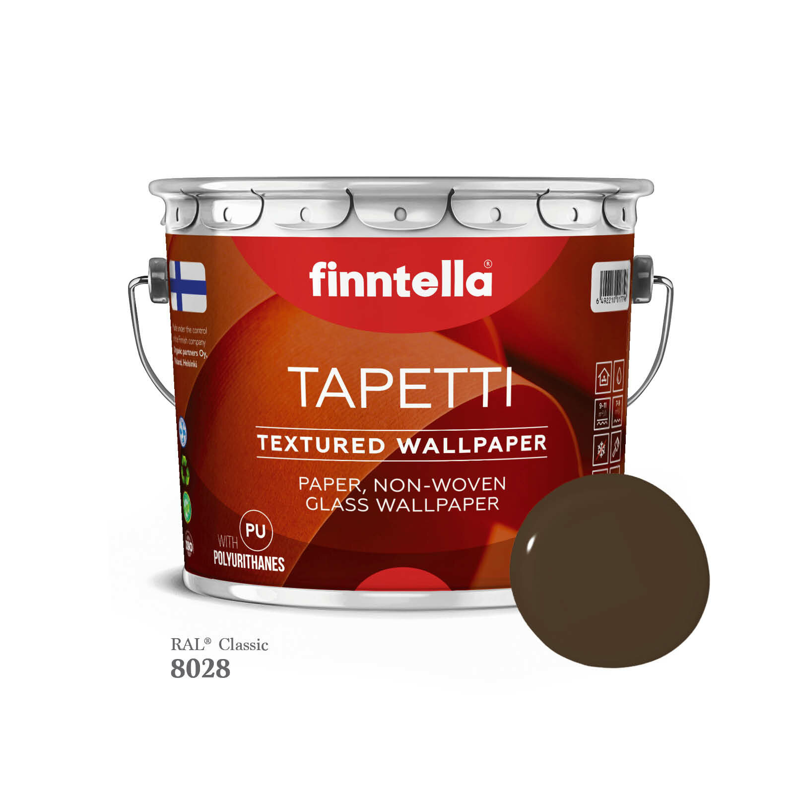 Шелковисто-матовая краска для обоев под окраску TAPETTI SILKKI Matta FINNTELLA, Цвет RAL 8028 Земельно-коричневый (Terra brown), 2,7л