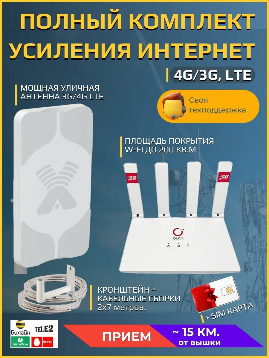Интернет антенна 3G/4G уличная. Полный комплект. Усилитель мобильного интернет в деревню, село