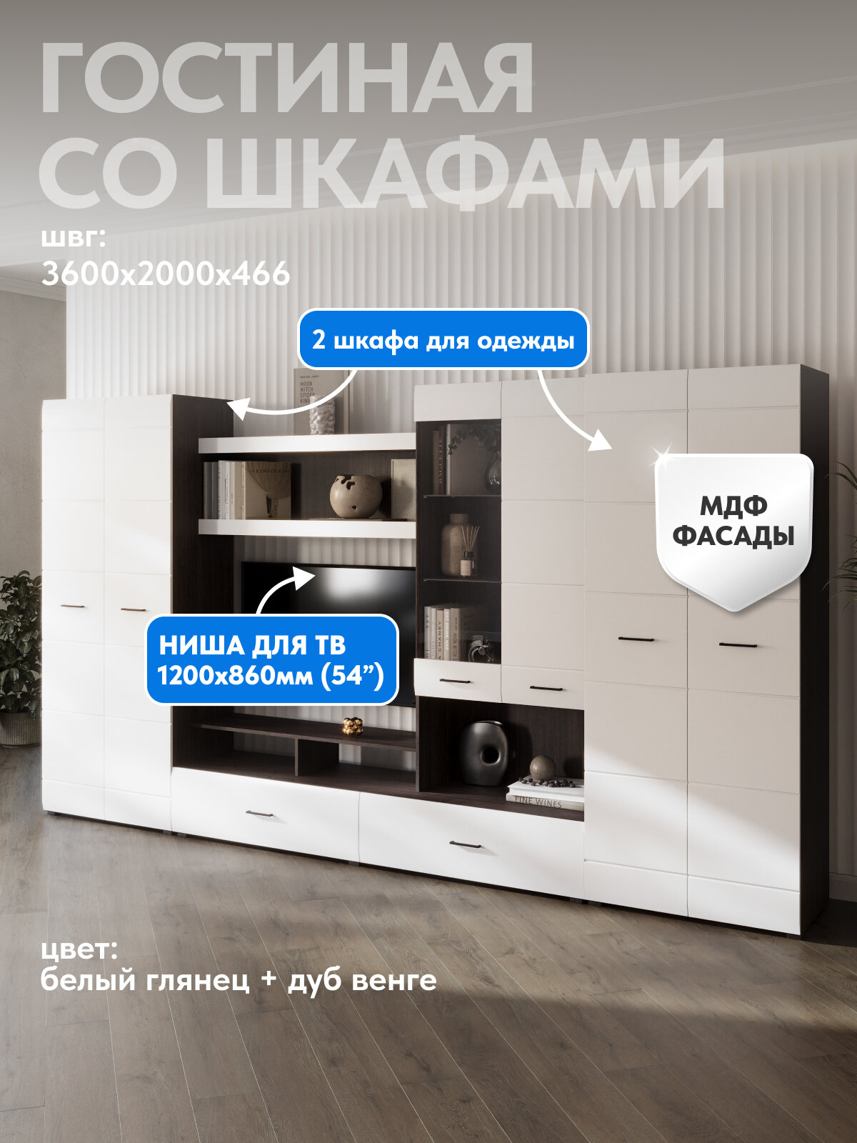 Гостиная Ненси 1 с дополнительным шкафом венге белый, Горизонт