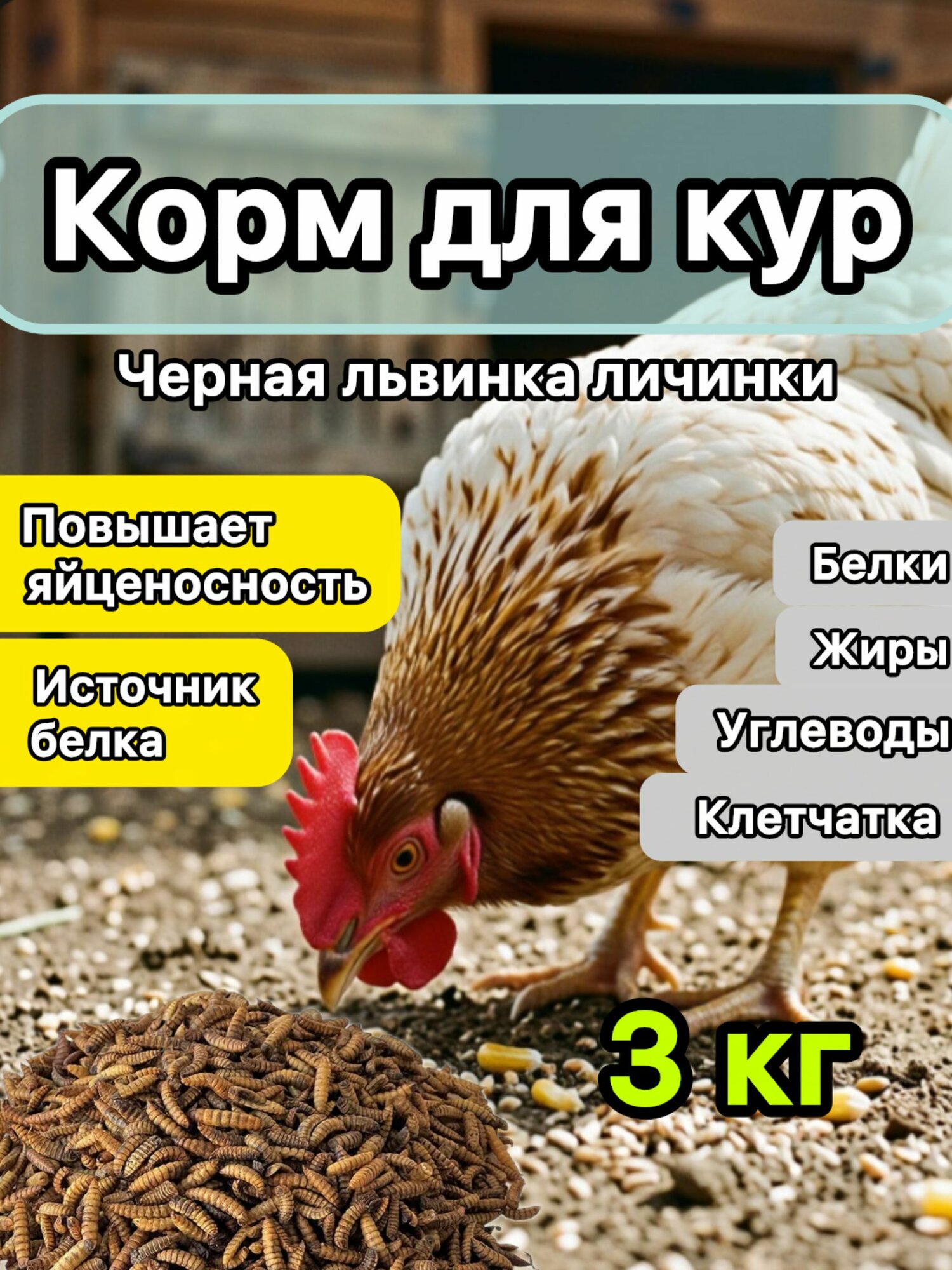 PETGROUP Корм для кур Личинка Черной львинки сушёная 3000 гр