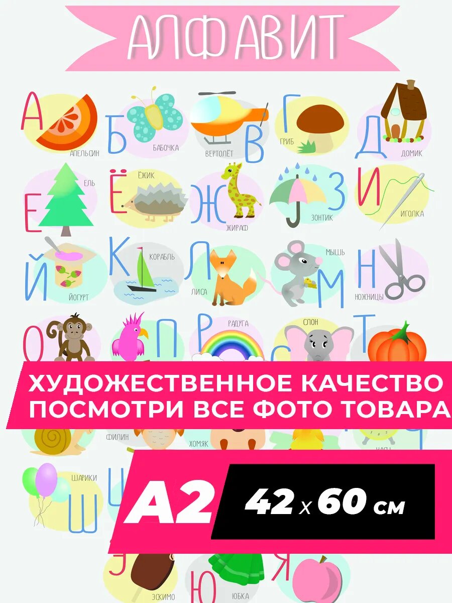 Плакат алфавит русский на стену Буквы и животные A2