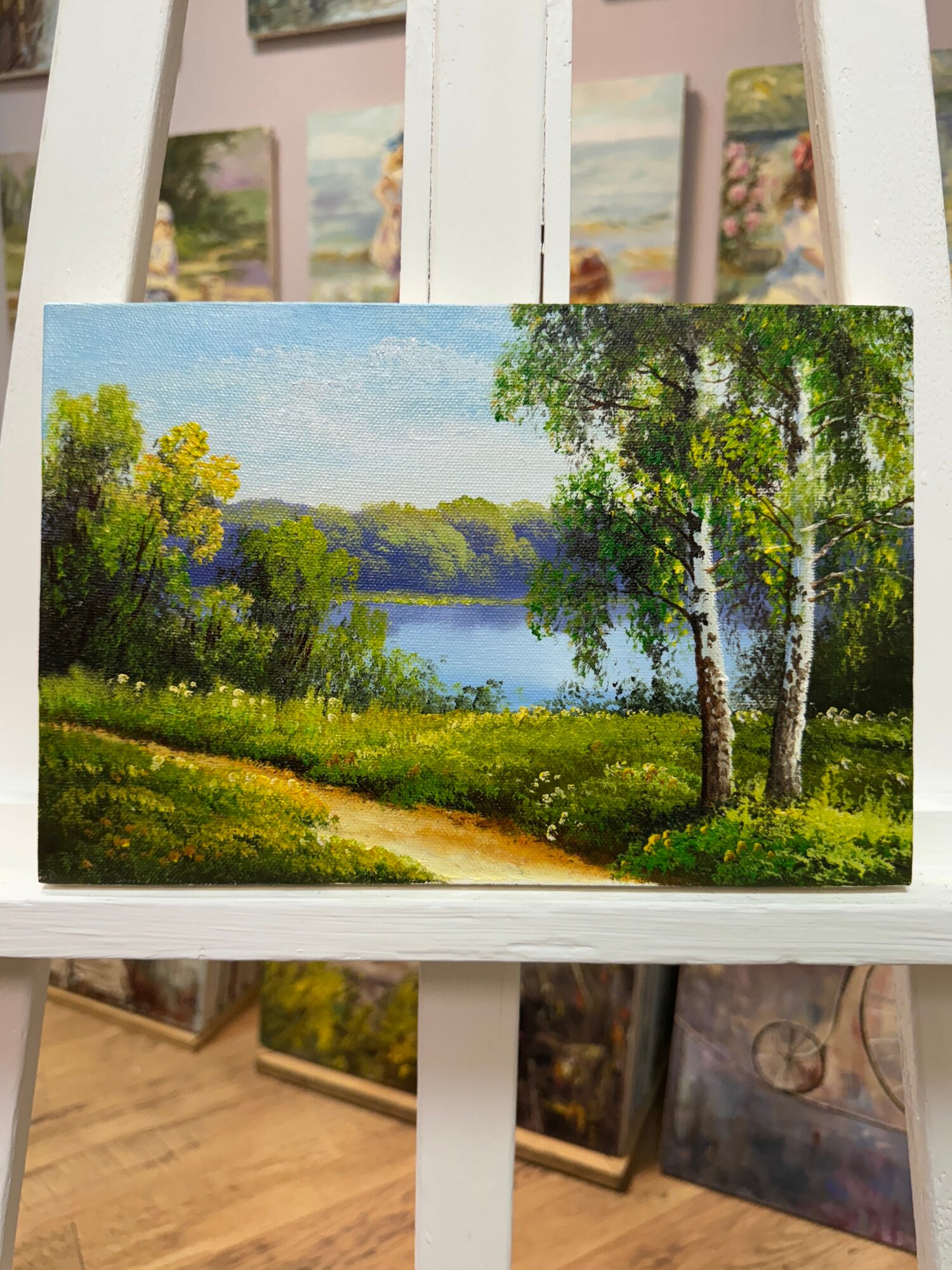 Картина маслом Летний пейзаж, Тропинка березки река 20х30 см. Художественная мастерская Грёзы.