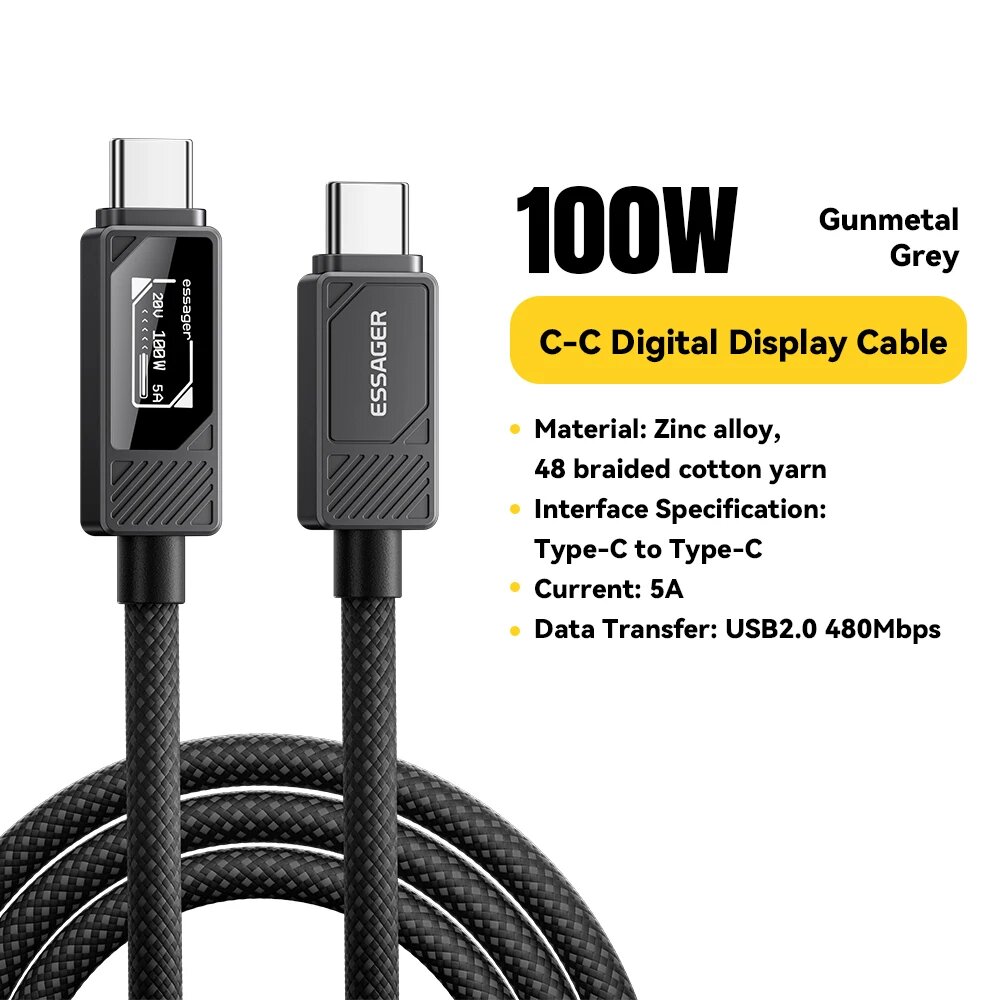 Essager PD 100 Вт Кабель для быстрой зарядки типа C — тип C Дисплей Кабель USB A — USB C для iPhone 16 Macbook Samsung Huawei Xiaomi
