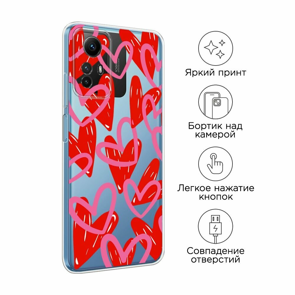Чехол на Xiaomi Redmi Note 12S / Сяоми Редми Ноут 12S с принтом "Hearts doodles - 14 февраля", прозрачный — фото 1