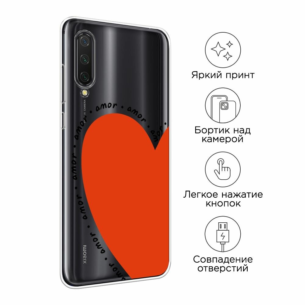 Чехол на Xiaomi Mi CC9/A3 Lite/9 Lite / Сяоми Mi CC9/A3 Lite/9 Lite с принтом "amor heart 2 - 14 февраля", прозрачный — фото 1