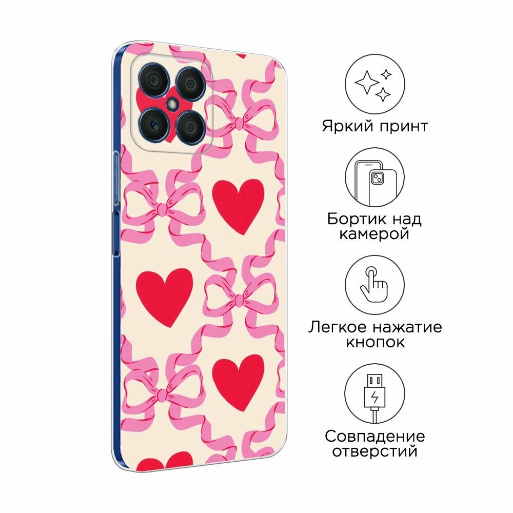 Чехол на Honor X8 / Хуавей X8 с принтом "Hearts and ribbons 1 - 14 февраля" — фото 1