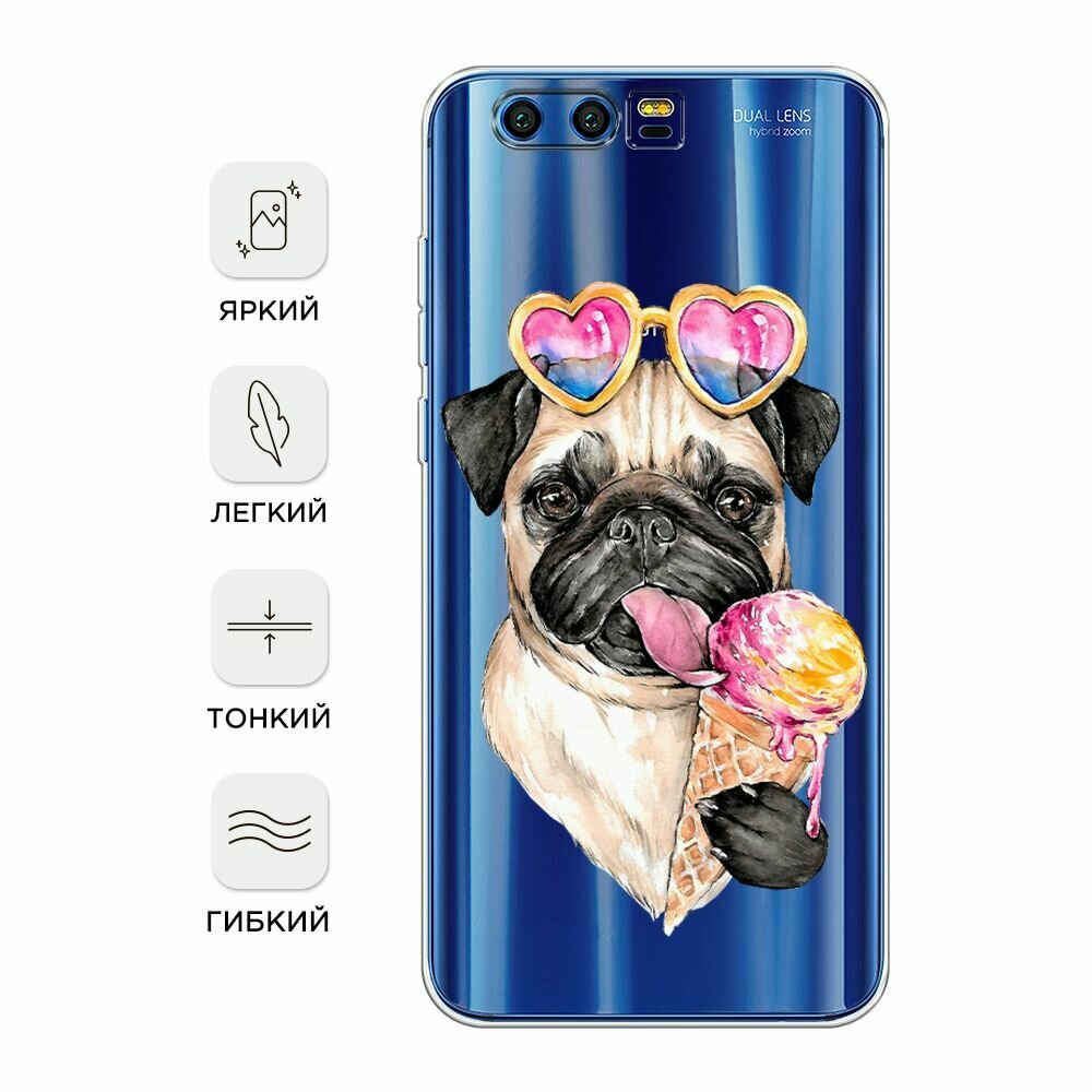 Чехол на Honor 9 / Хонор 9 с принтом Мопс с мороженкой, прозрачный — фото 1