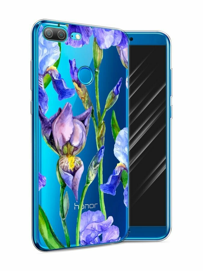 Чехол на Honor 9 Lite / Хонор 9 Лайт с принтом "Синие ирисы", прозрачный
