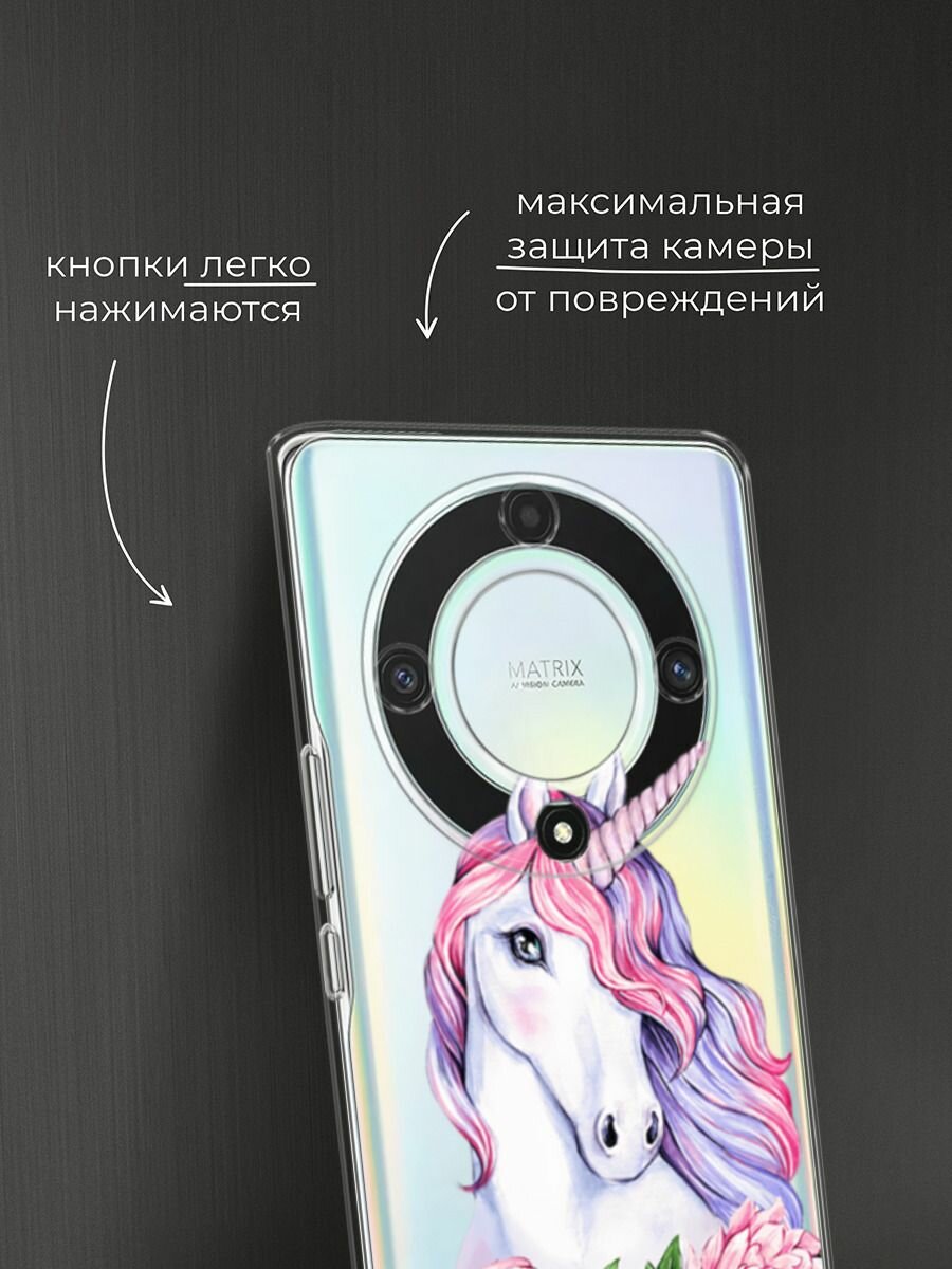 Чехол на Honor X9A / Хонор X9A с принтом "Единорог с пионами", прозрачный — фото 1