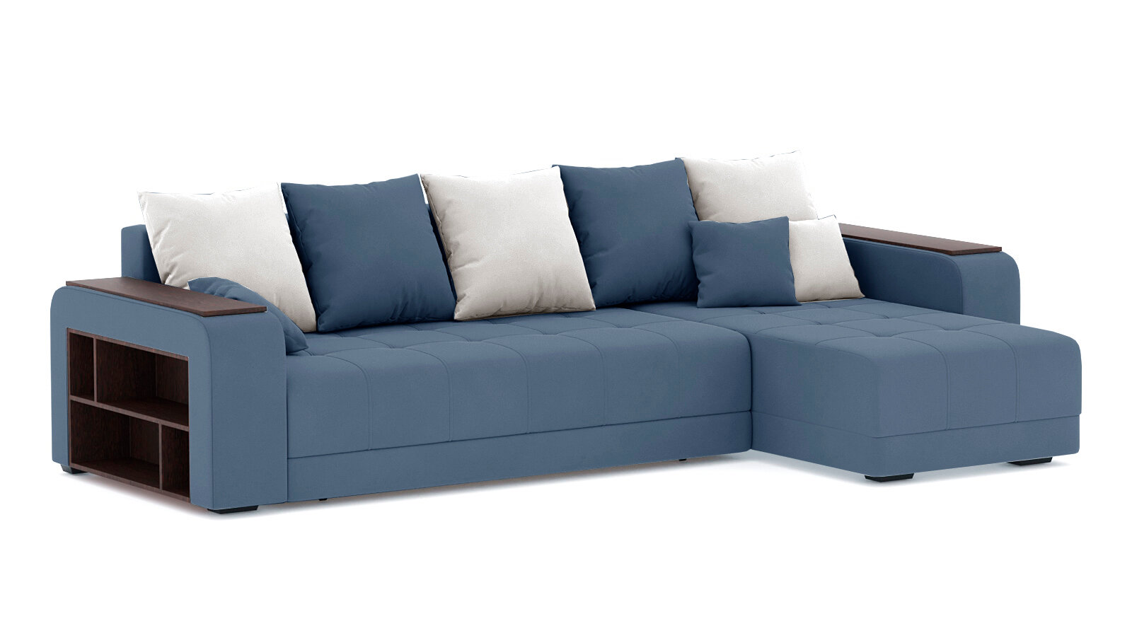 Угловой диван кровать Дубай, угол универсальный, полки в подлокотнике, велюр Мазерати Дарк Блю 23/Велюр Мазерати Крим 01