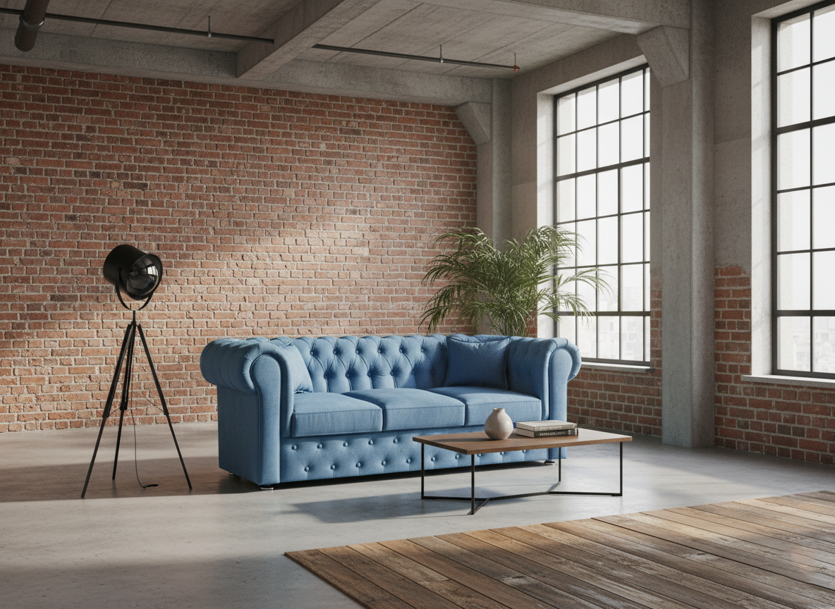 Диван HBR Честер, трехместный, обивка из микровелюра, темно - голубой цвет