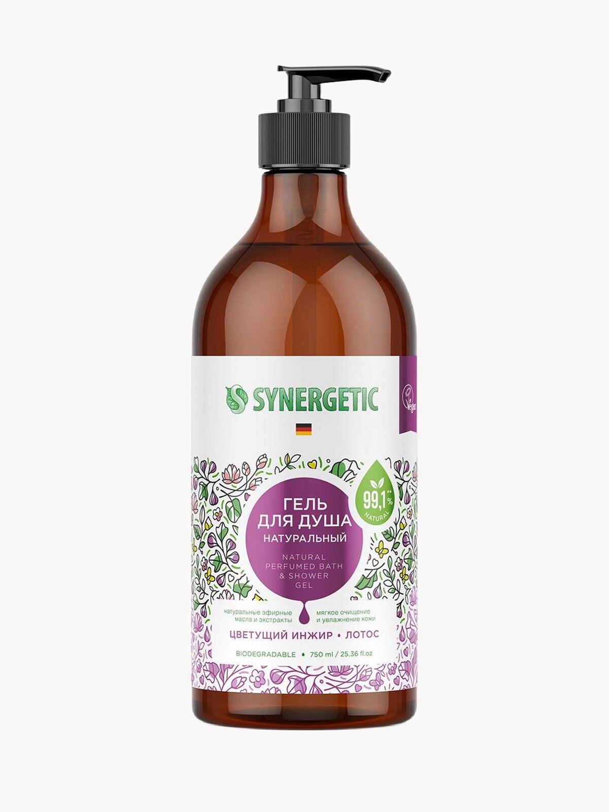 Гель для душа SYNERGETIC "Цветущий инжир и лотос" увлажняющий, натуральный, 750мл