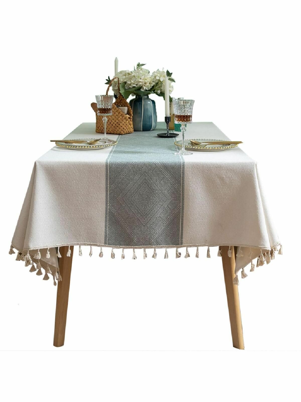 Скатерть, Жаккардовая скатерть ромб из искусственного хлопка и льна -140*180 см-зеленый