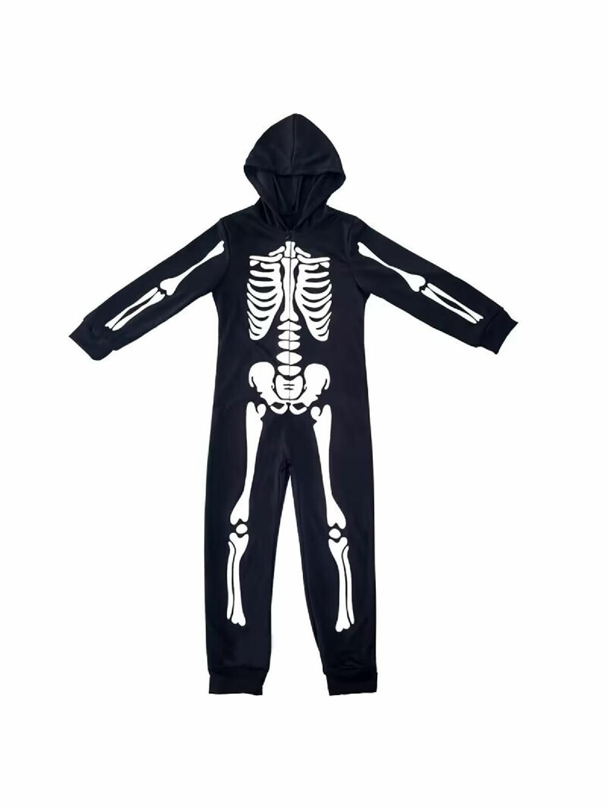 Костюм скелета с подсветкой для Хэллоуина, детский наряд для вечеринки, удобный комбинезон из мягкого полиэстера, Черный - 130cm