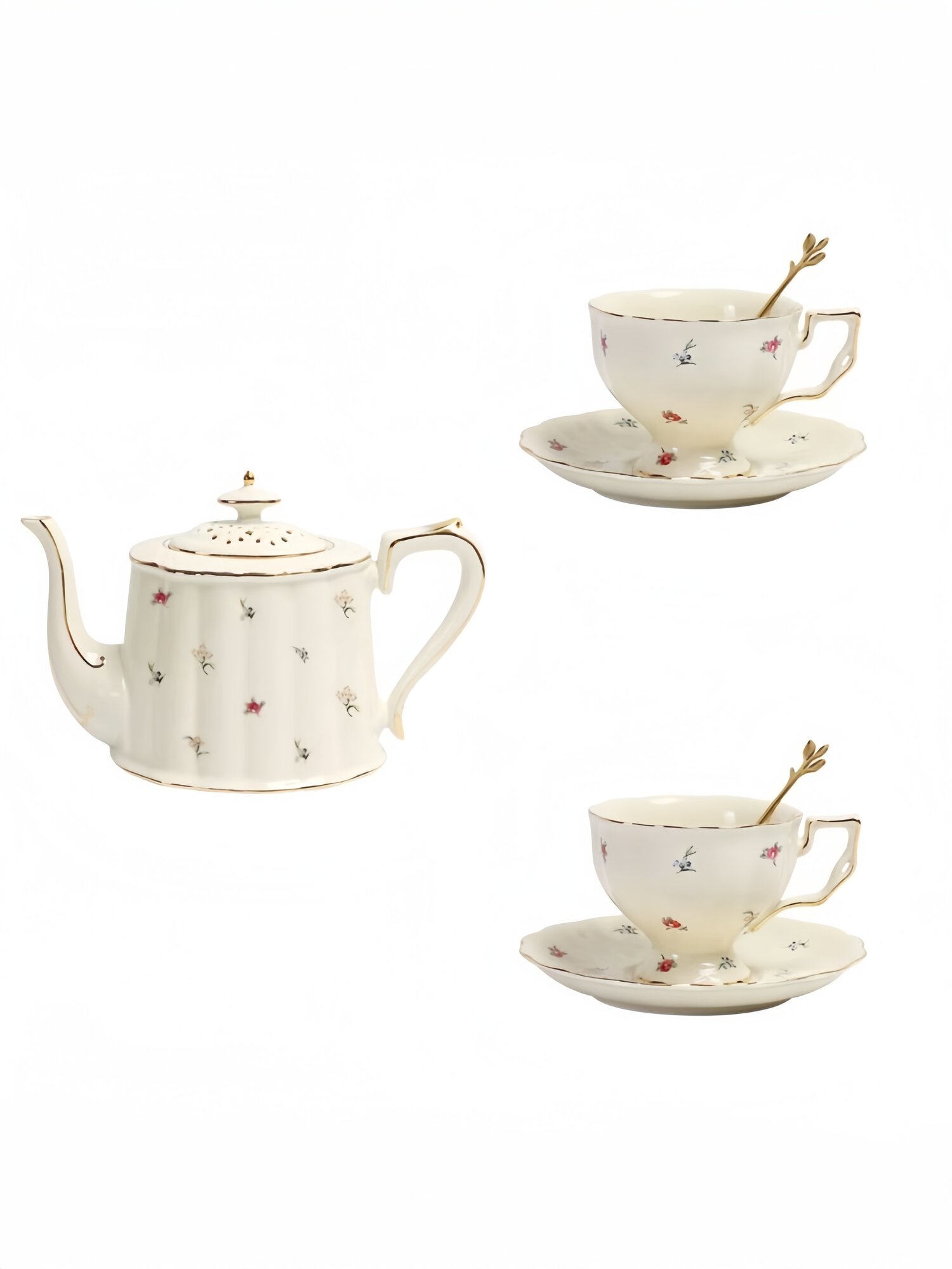 Французский кремовый керамический чайник с цветочным узором и набор кофейных чашек с блюдцем в стиле лёгкой роскоши