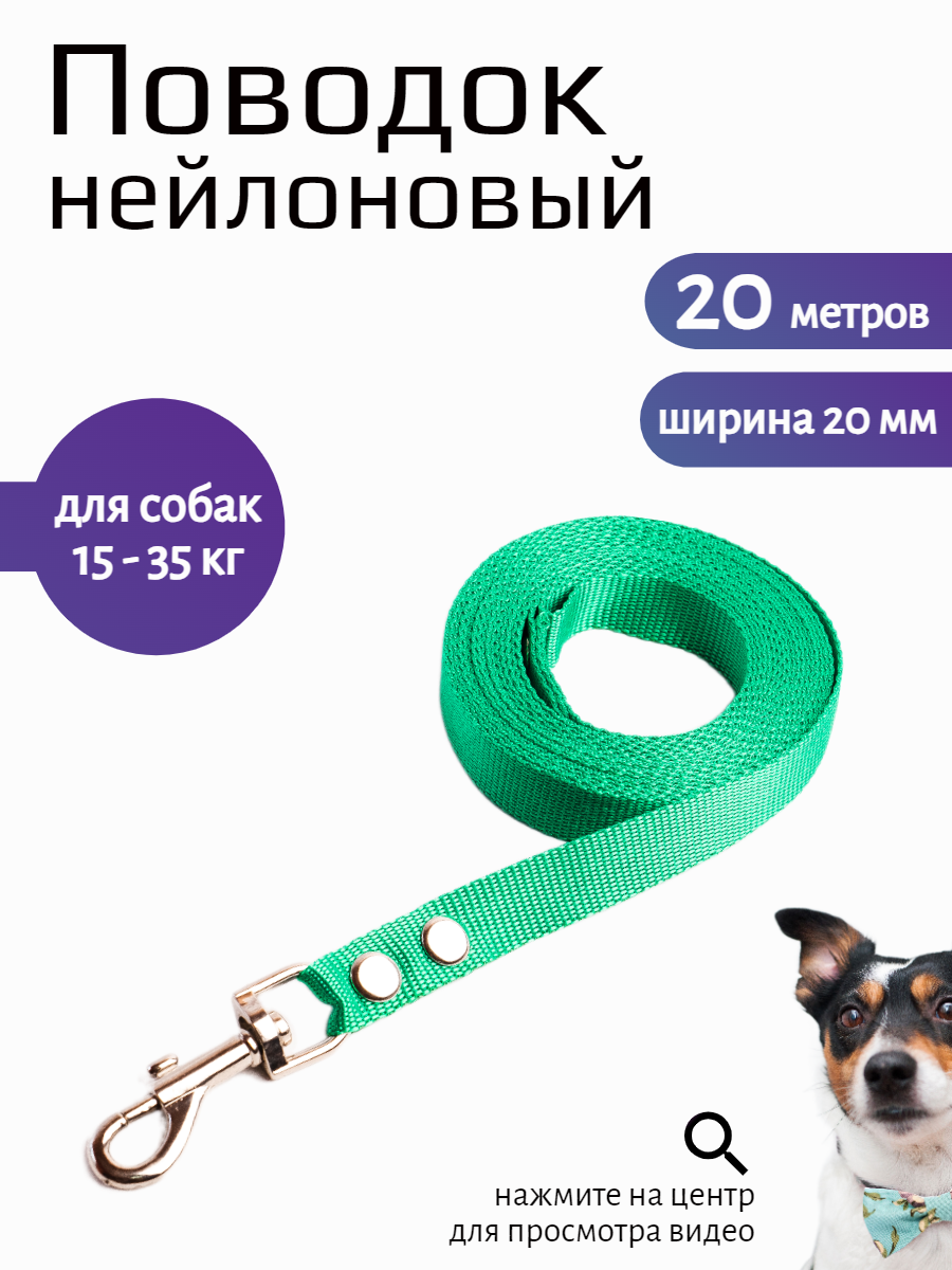 Поводок Хвостатыч для собак с карабином нейлон 20 м х 20 мм (бирюзовый)