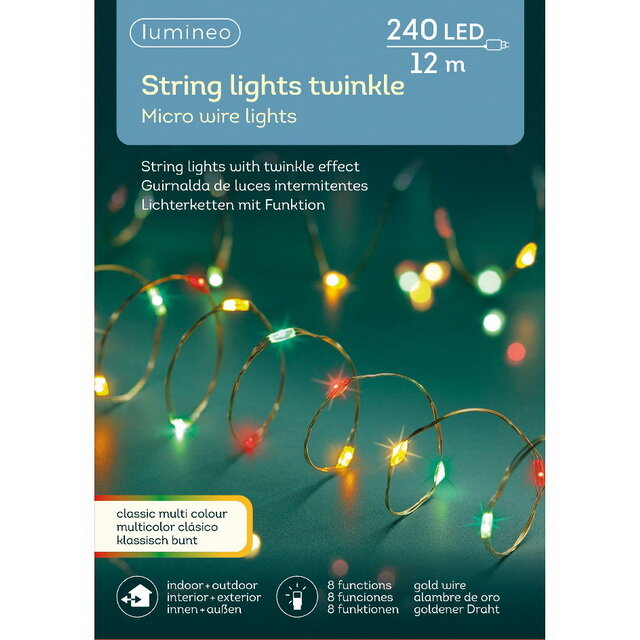 Светодиодная гирлянда Роса Italiano 12 м, 240 зеленых/красных/желтых микро LED, золотая проволока, контроллер, IP44, Kaemingk, 496561