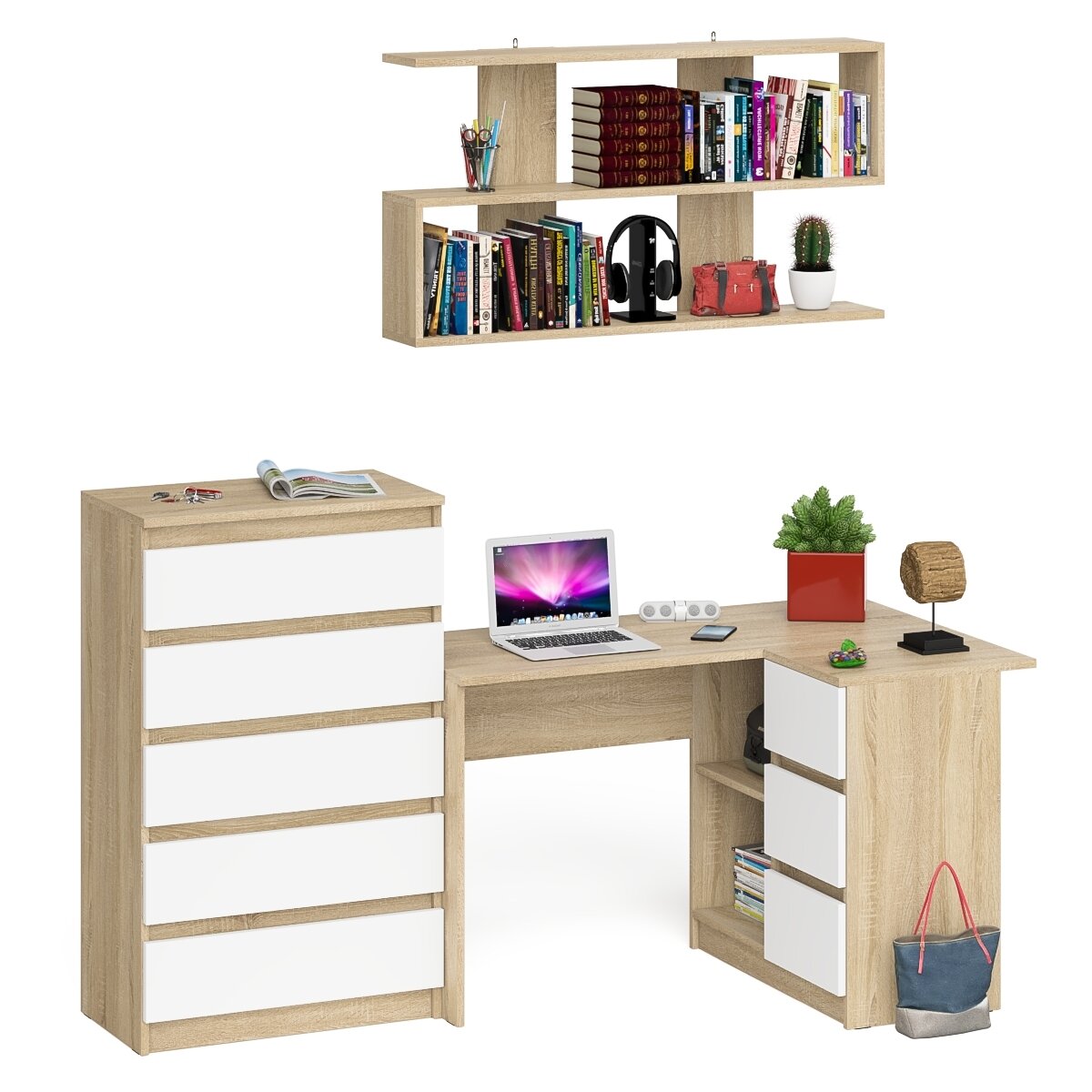Комод Мори МК700.5 со столом компьютерным угловым правым и открытой полкой, сонома/белый, 194,8х84,9х209,6 см.