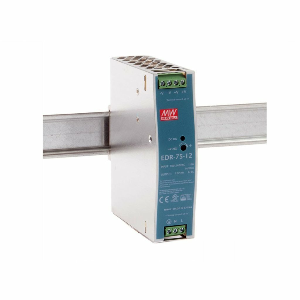 Блок питания MEAN WELL AC-DC, 75 Вт, вход 90-264 V, AC, 47-63 Гц,127-370 В, DC, выход 12 В, 6,3 A, 12-14 В, в кожухе на DIN-рейку