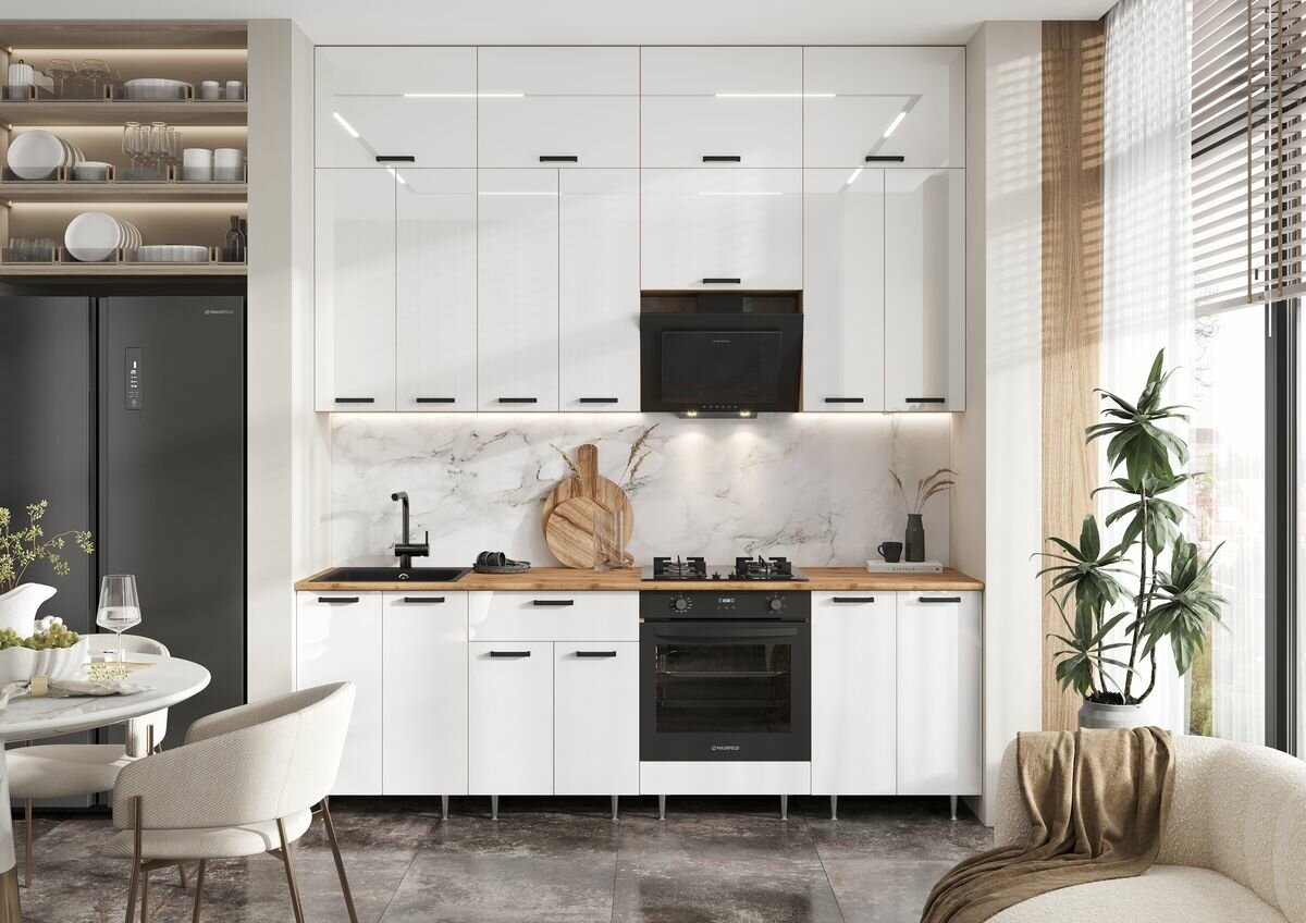 Кухонный гарнитур 2,4м/1350 (к.3) Рио NEW белый глянец, дуб крафт со столешницей, МИФ