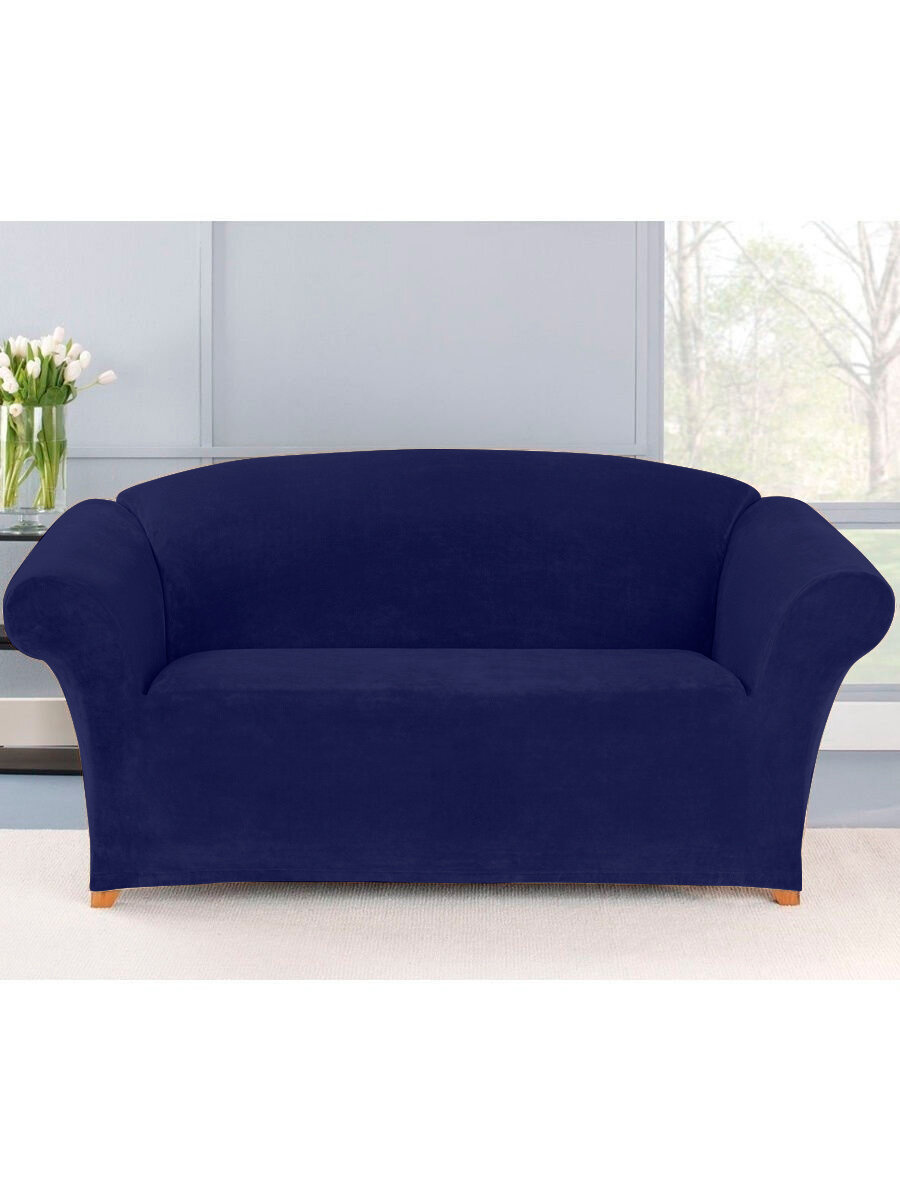 Чехол на двухместный диван Бруклин темно-синий, стрейчевый велюр, Виктория Хоум Декор