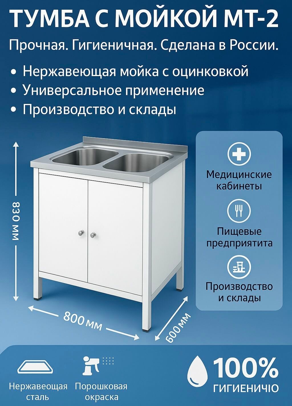 Тумба мойка с мойкой МТ-2, металлическая с 2-чашевой мойкой, 800х600х830 мм, техноцикл