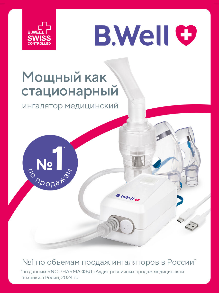Ингалятор(небулайзер) B.Well MED-120 компрессорный медицинский с micro usb для взрослых и детей