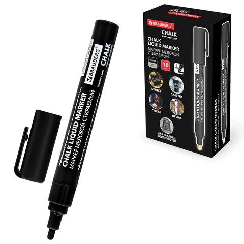 Маркер меловой CHALK LIQUID MARKER, черный, 3 мм, стираемый, BRAUBERG "CHALK", 152600