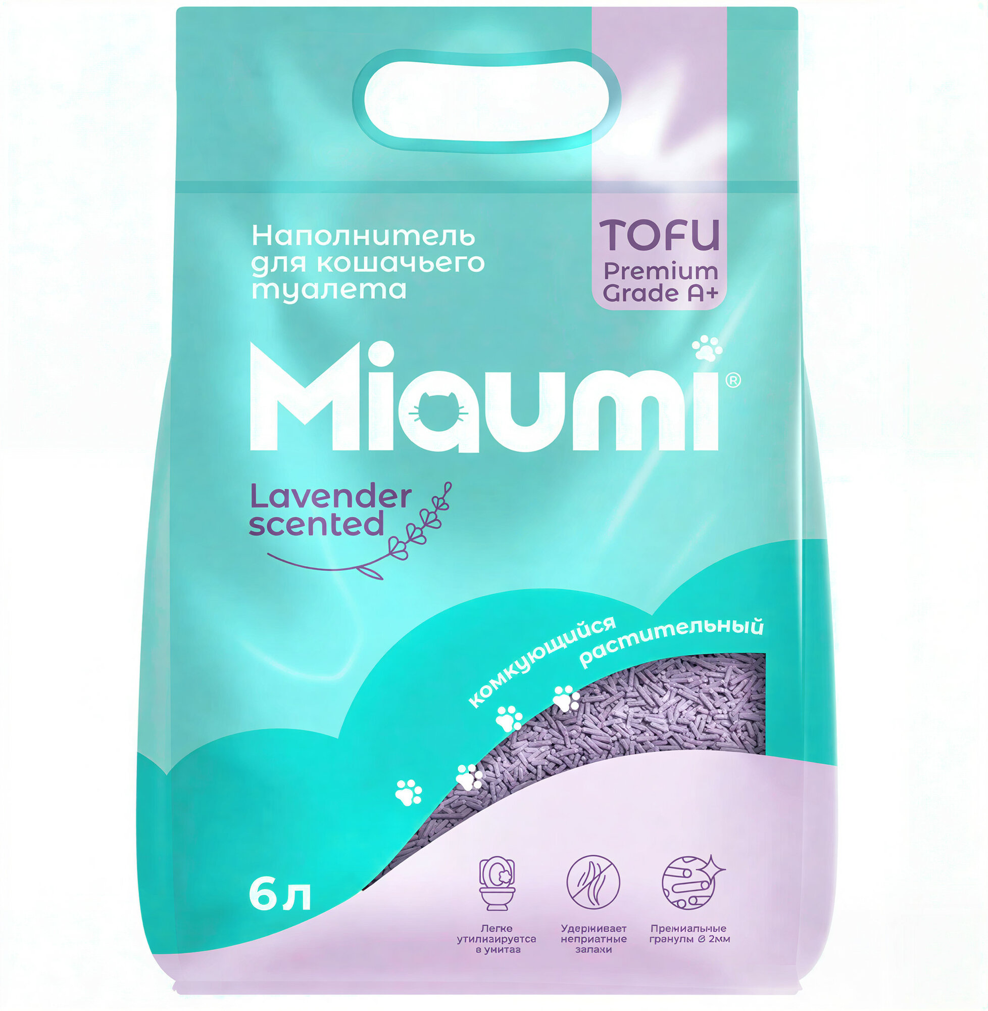 Наполнитель комкующийся Miaumi Tofu Lavender Scented с ароматом лаванды, 6 л
