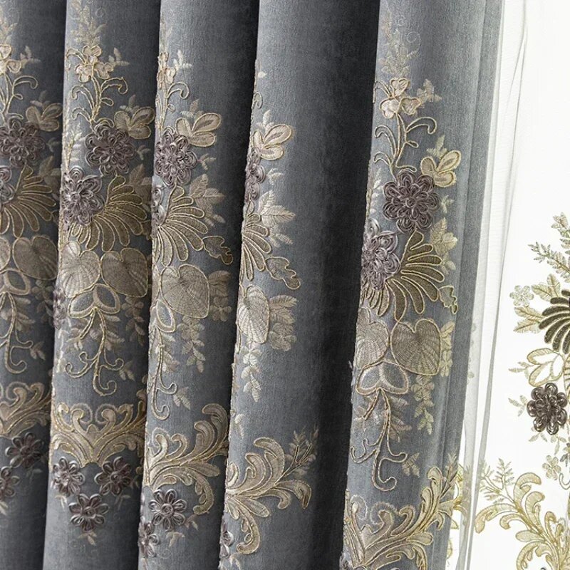 Европейская штора из шенилла синяя Плиссированная лента, W200cmxH250cm 1PC, Gray Curtain