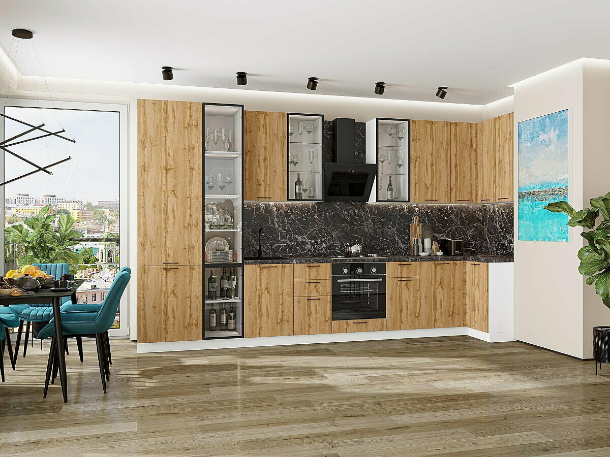 Кухня 4 м. угловая Флэт-05 Готовый кухонный гарнитур полки стекло 2340*4000-1000*600 Wotan Oak 2S