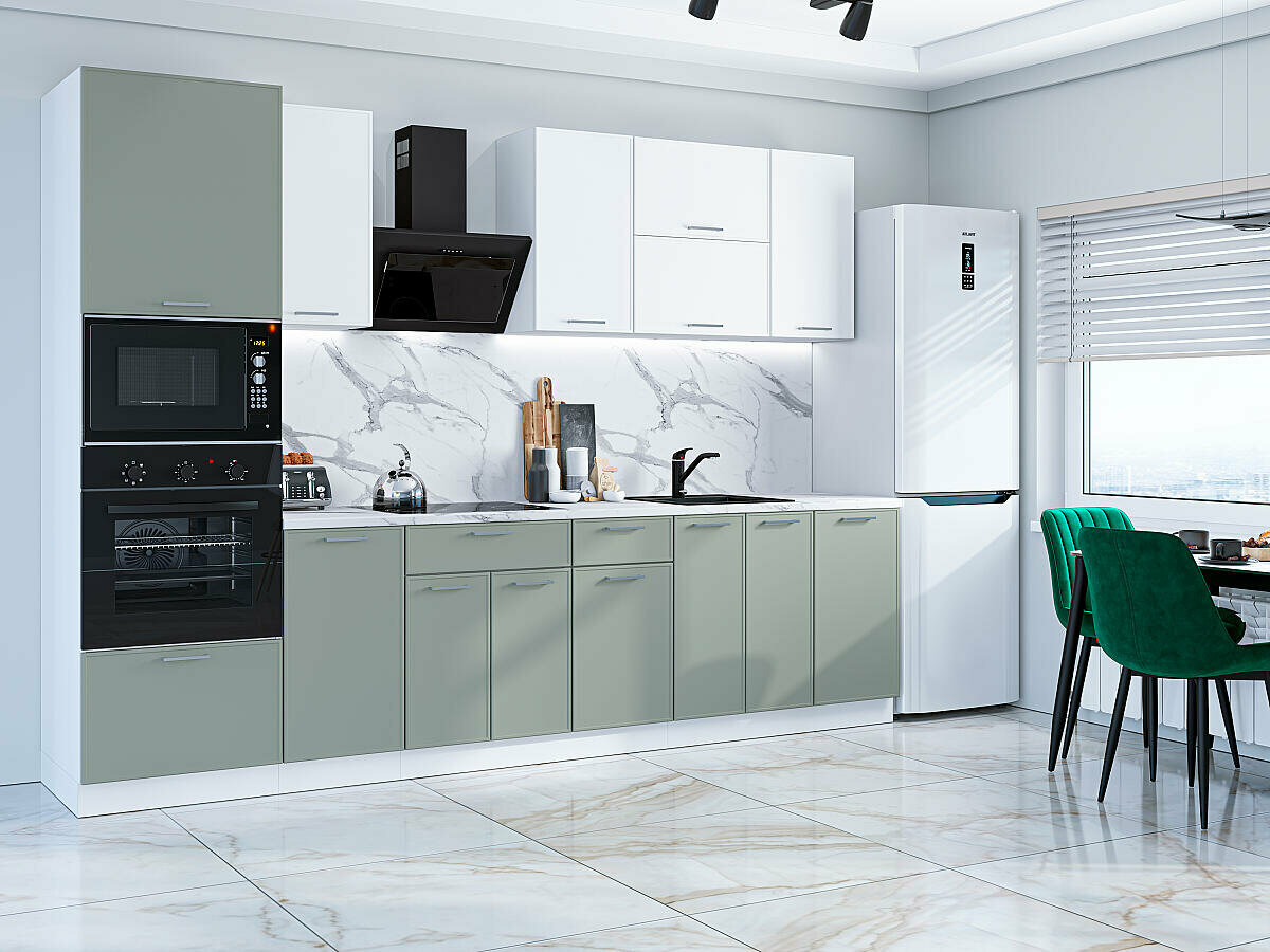 Кухня 3 м. Квадро-01 Готовый кухонный гарнитур 2140*3000*600 Белый-Аквамарин