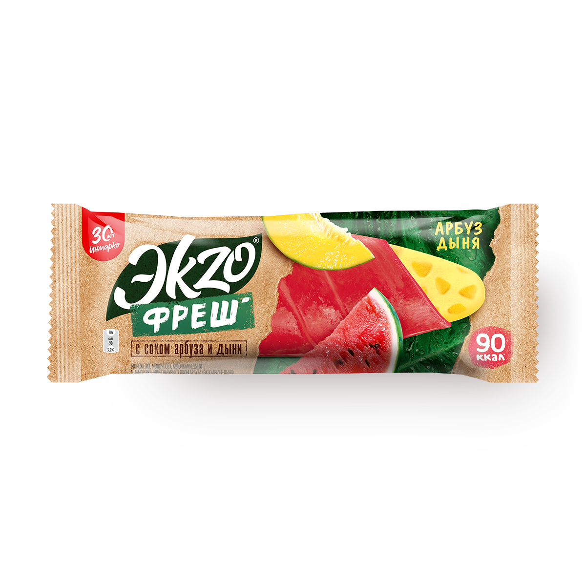 Мороженое "Эkzo-Фреш" арбуз-дыня, молочное, в глазури, эскимо, 70 г