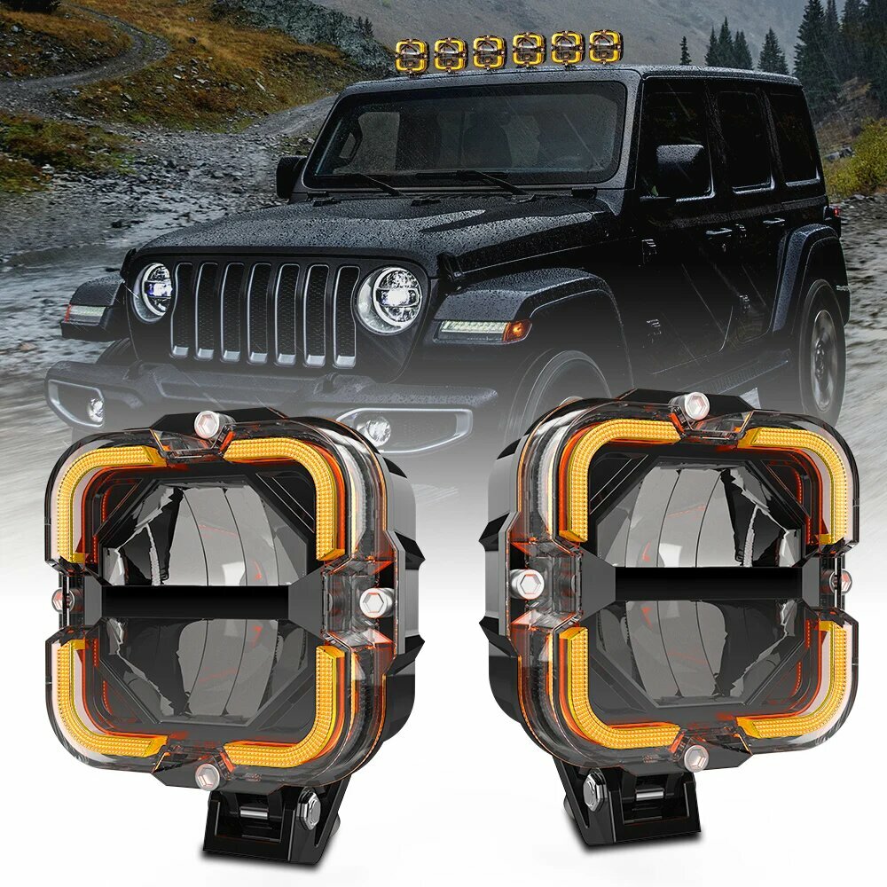 Внедорожные 4-дюймовые 65 Вт янтарные светодиодные кубические фонари DRL, противотуманные фары, квадратные светодиодные рабочие фары для грузовиков, пикапов, внедорожников, квадроциклов, UTV, лодок 4x4