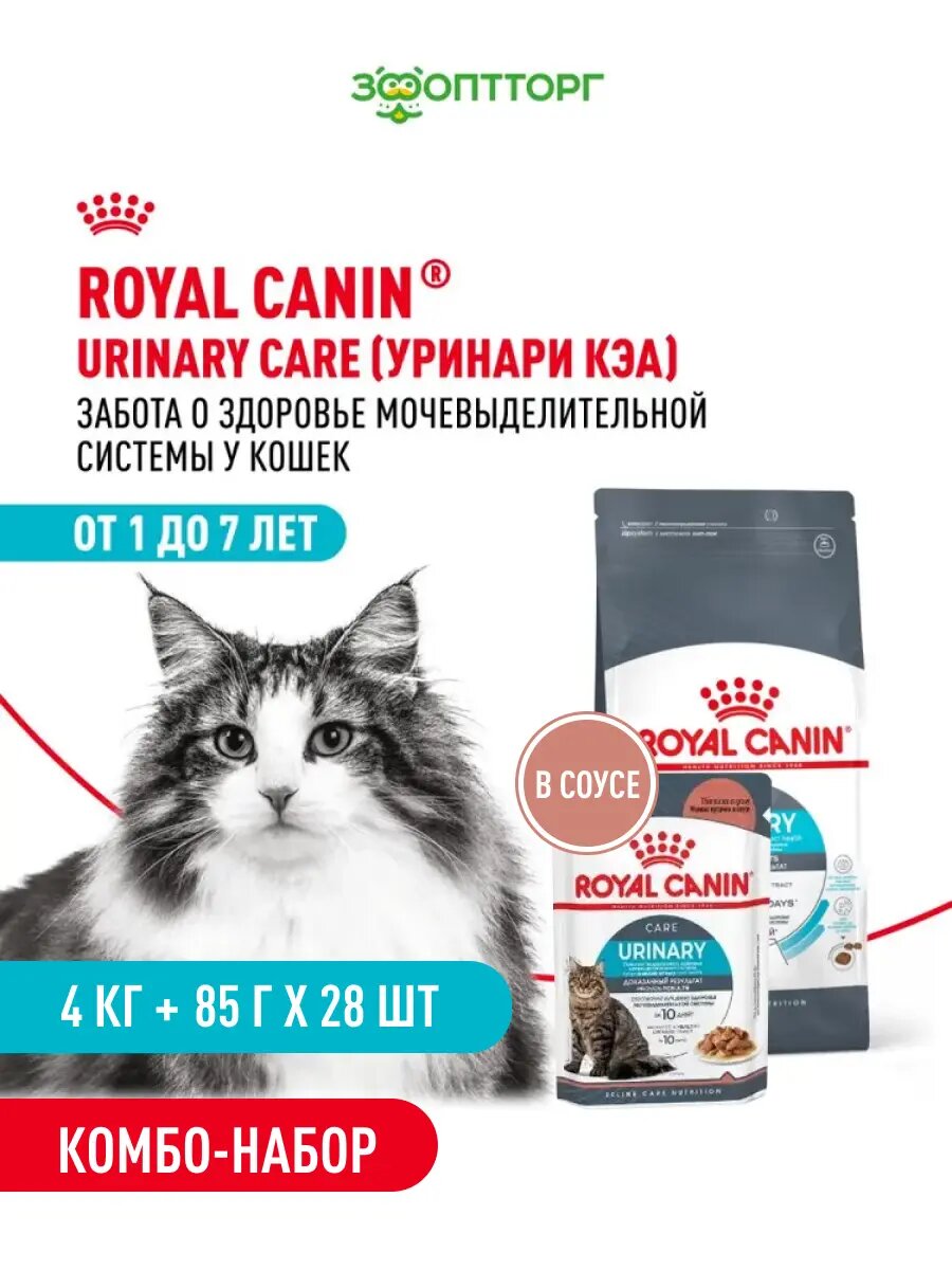 Комбо-набор Royal Canin сухой+влажный корм для профилактики МКБ у кошек, 4 кг + 85 г х 28 шт.