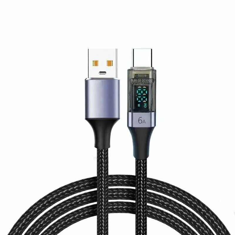 (1 шт.) Кабель для быстрой зарядки и передачи данных от USB к TYPE C с цифровым дисплеем мощностью 66 Вт-0,5 м-серый