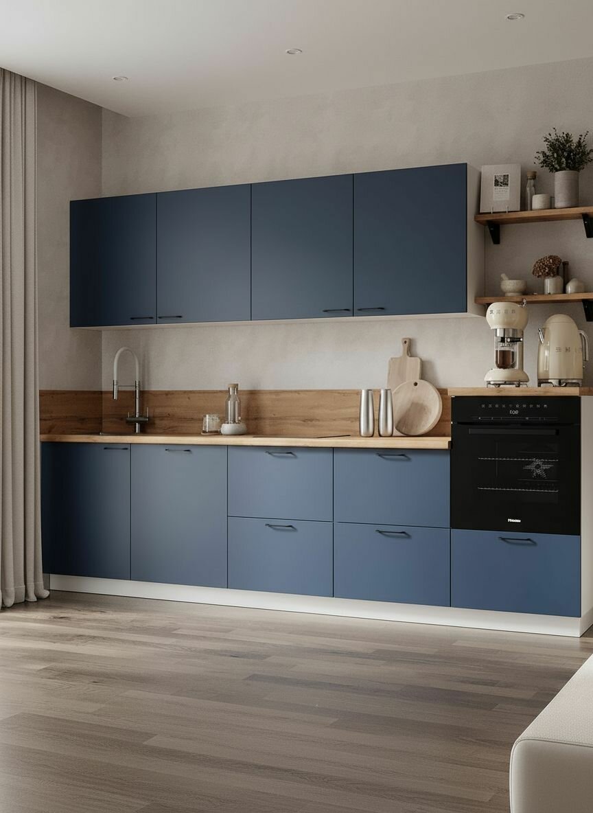 ARNIKA Кухонный гарнитур со столешницей "Дакия" 3м х 2,4м, цвет ежевика (синий), фасад пленка ПВХ