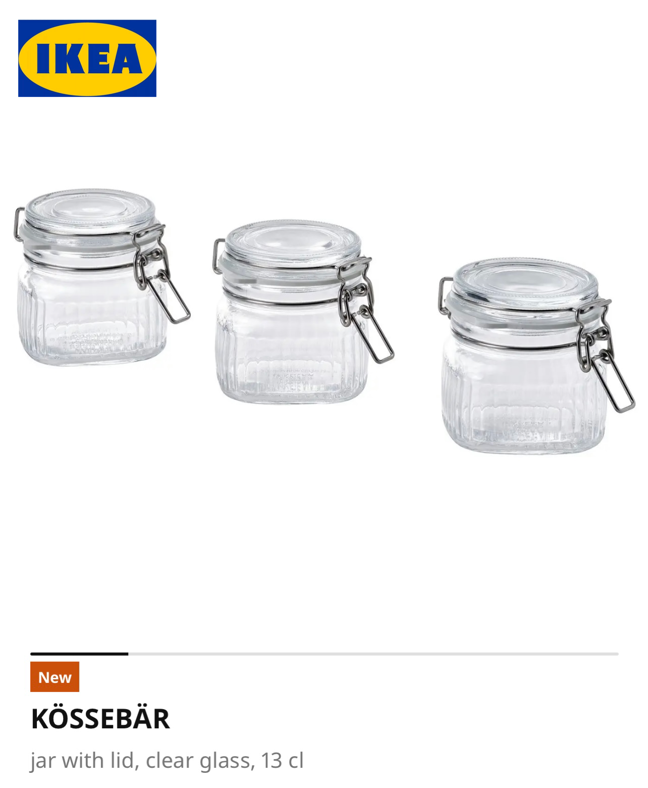 Банка с крышкой KÖSSEBÄR IKEA, набор 3 штуки, прозрачное стекло, 130 мл