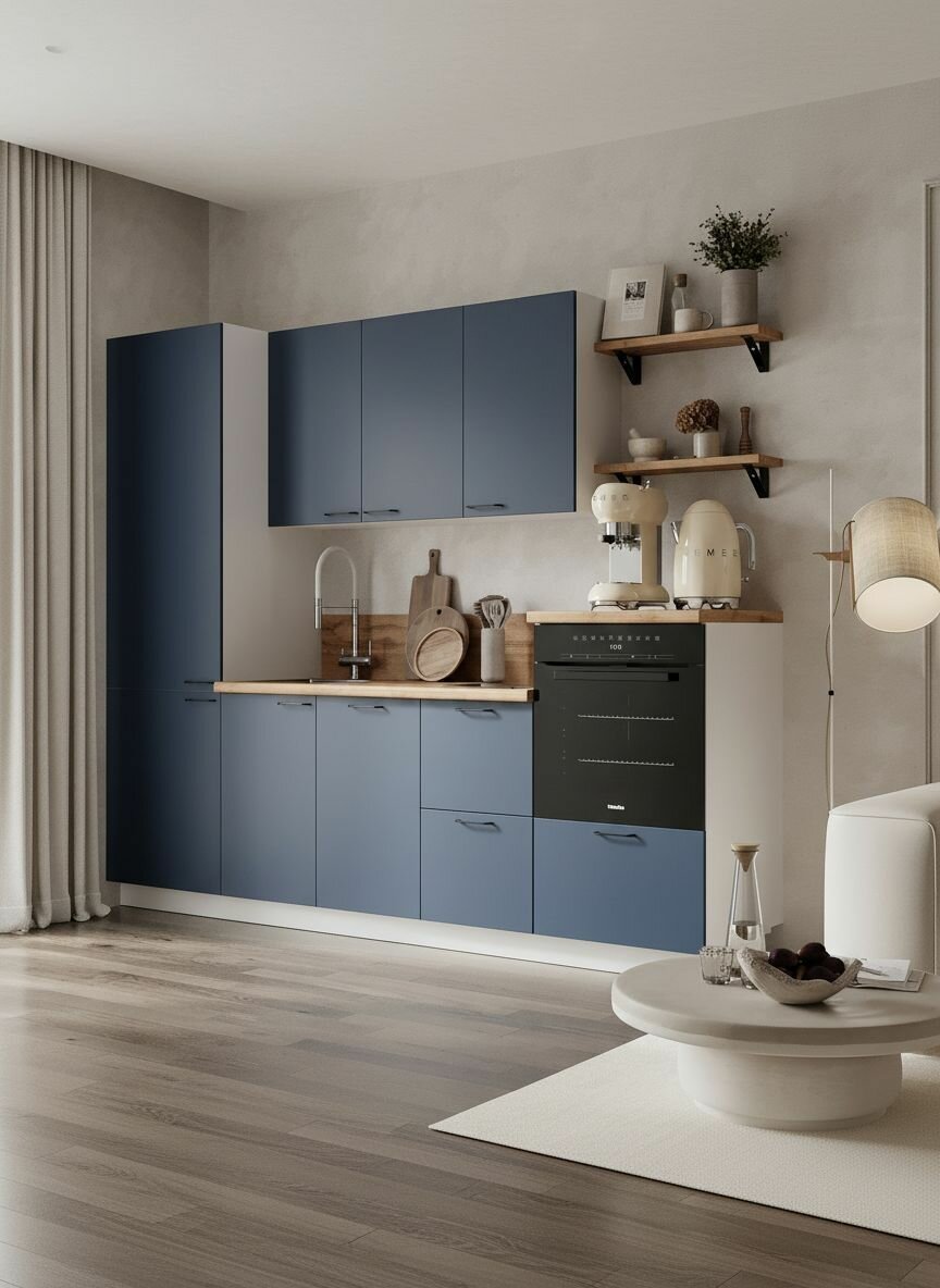 ARNIKA Кухонный гарнитур со столешницей "Дакия" 2,55м х 2,4м, цвет ежевика (синий), фасад пленка ПВХ