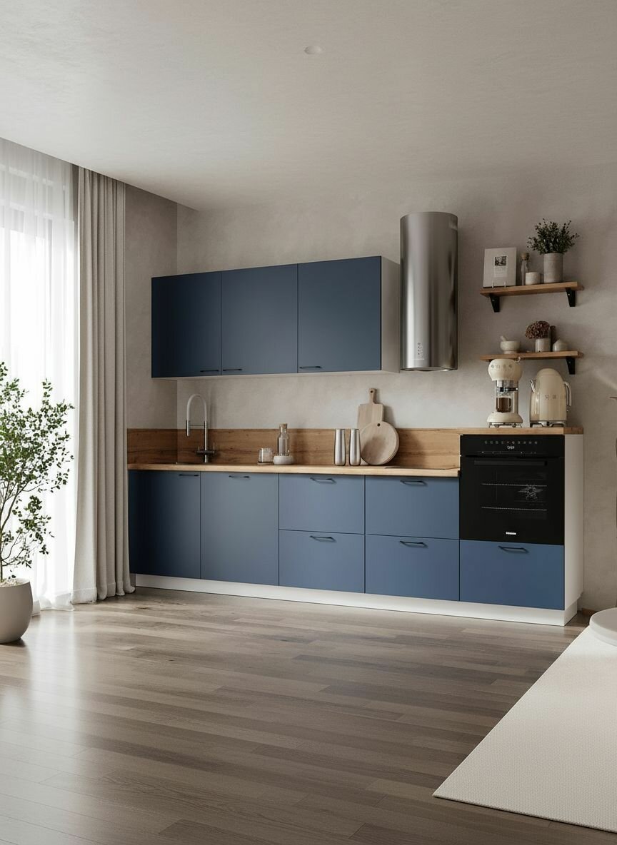 ARNIKA Кухонный гарнитур со столешницей "Дакия" 3м х 2,4м, цвет ежевика (синий), фасад пленка ПВХ