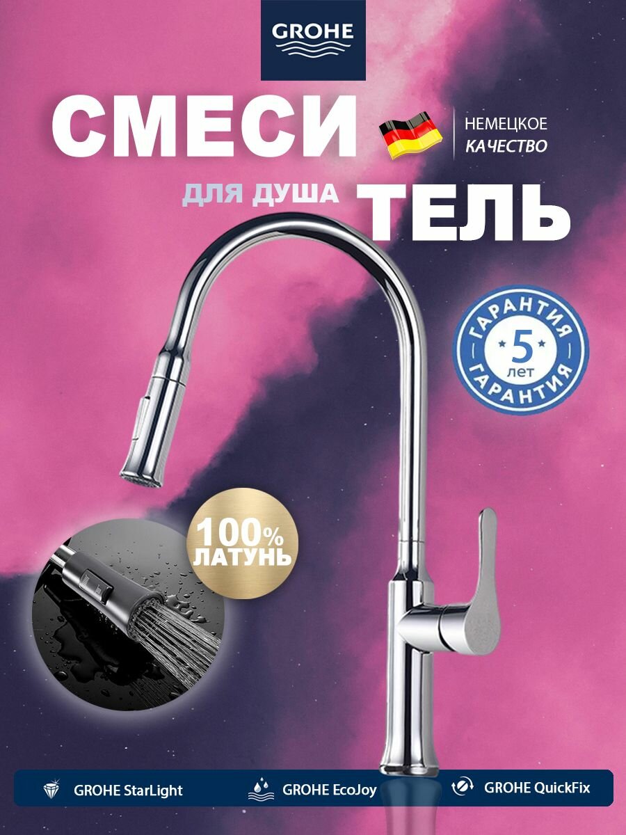 GROHE Смеситель для раковины кухни с выдвижным и гибким изливом
