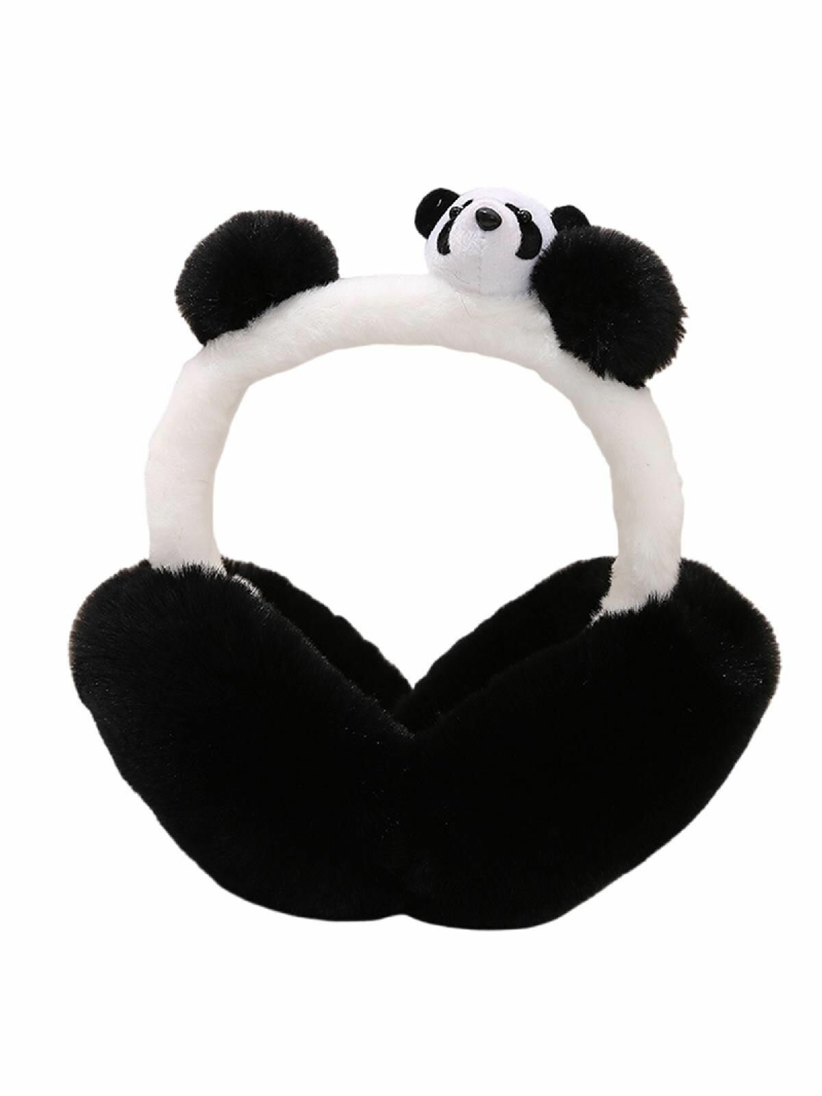 Наушники меховые, Детские плюшевые наушники с Милой пандой_Черный