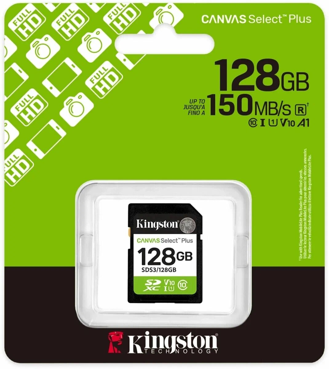 Карта памяти Kingston Canvas Select Plus, 128 ГБ, SDXC, 150 МБ/с, Class 10, UHS-I U3 (SDS3/128GB)