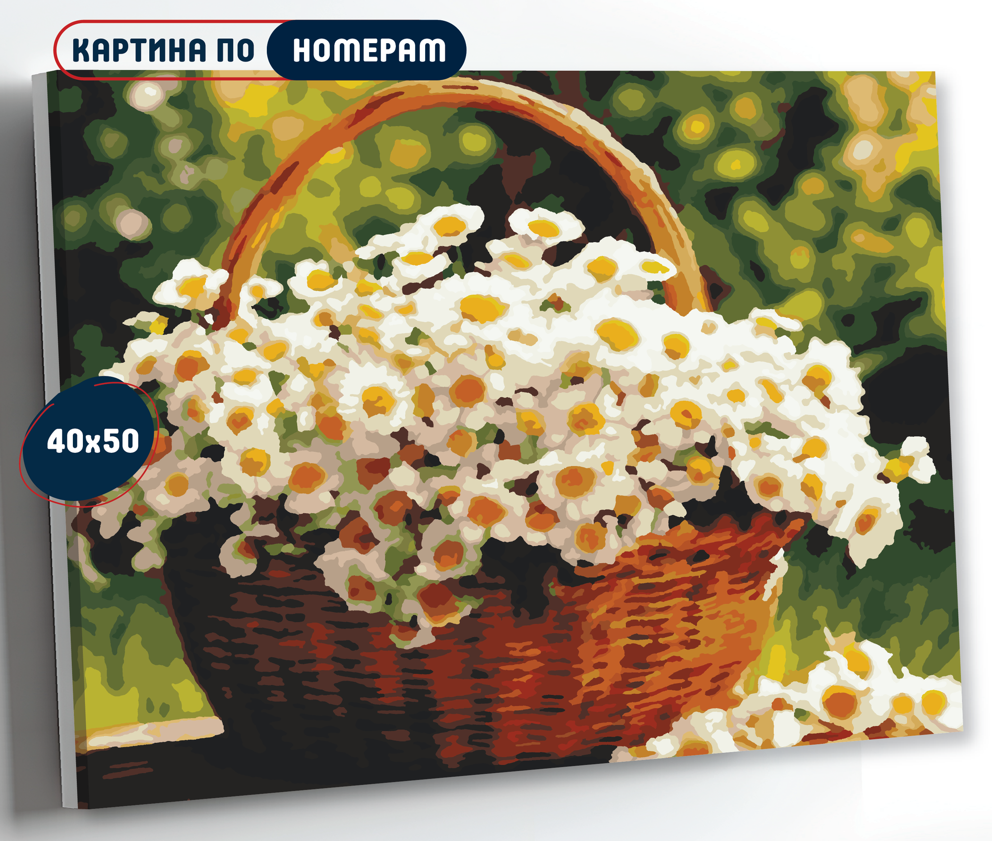 Картина по номерам "Ромашки в корзинке", Холст на подрамнике 40х50, набор для рисования, с цветами